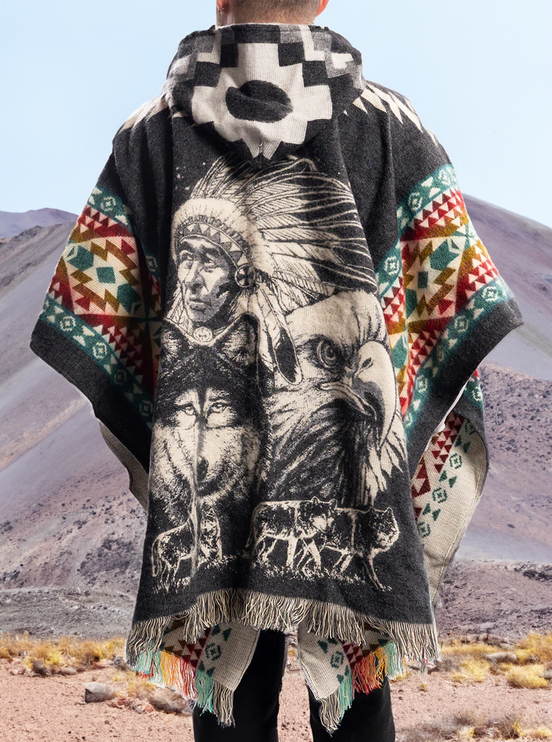 Mexican Poncho for Men | Black and Colors Aztek Style | Gamboa
