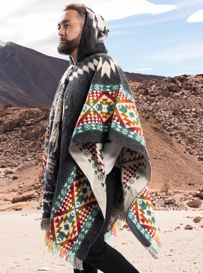 Mexican Poncho for Men | Black and Colors Aztek Style | Gamboa